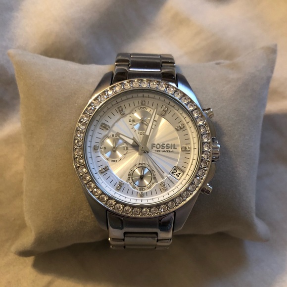Fossil | Accessories | Wonens Fossil Stainless Steel Watch With Diamond Detail Around Face ...